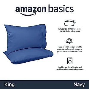 Amazon Basics 400 Thread Count Cotton Pillow Cases, King, 40" L x 20" W, Navy - Set of 2, Pillows Not Included