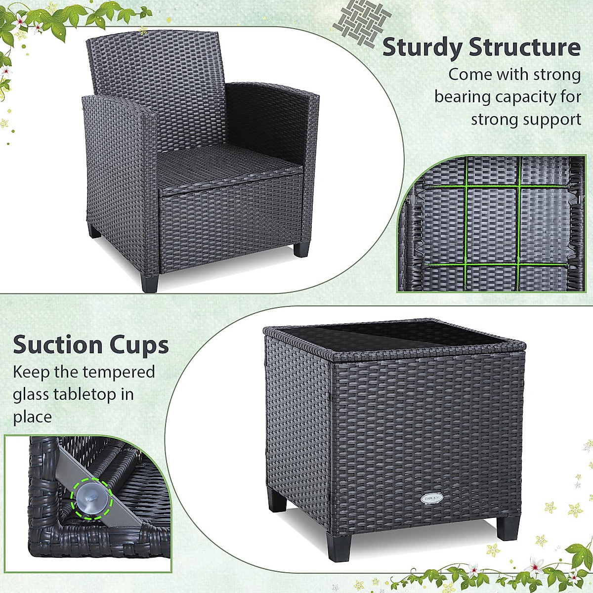 Tangkula 3 Pieces Patio Furniture Set, PE Rattan Wicker 3 Pcs Outdoor Sofa Set w/Washable Cushion and Tempered Glass Tabletop, Conversation Furniture for Garden Poolside Balcony (Beige/Navy)