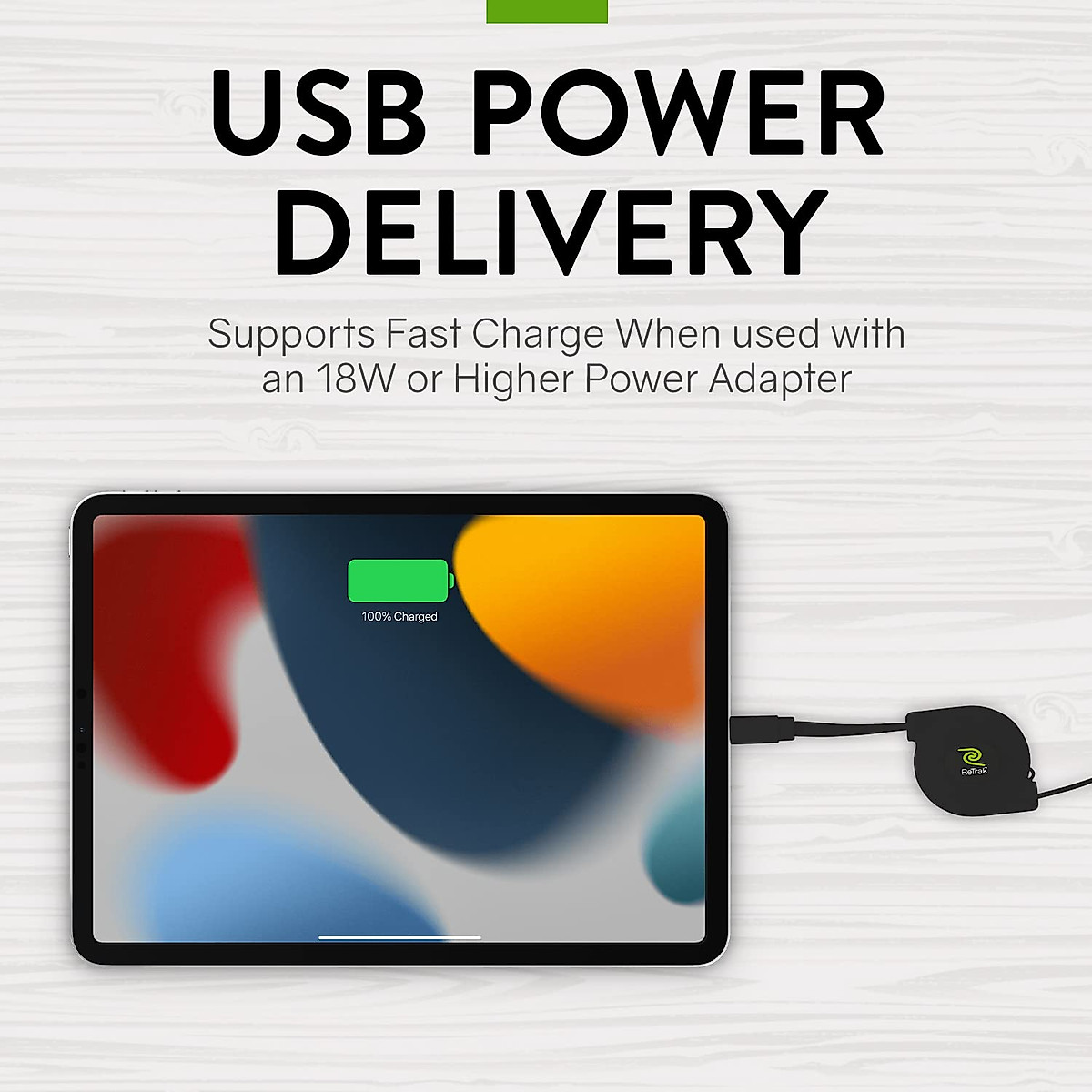 ReTrak Premier Series Retractable Lightning to USB-C Charge and Sync Cable, 18W High Speed Charging Lightning to Type C Charger for iPhone 13s, AirPods Pro, 2.6ft, Black, 2.6 Feet (ETLTCBLK)