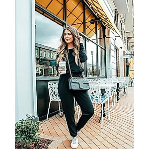 PRETTYGARDEN Women's Casual Long Sleeve Jumpsuit Crewneck One Off Shoulder Elastic Waist Stretchy Romper with Pockets