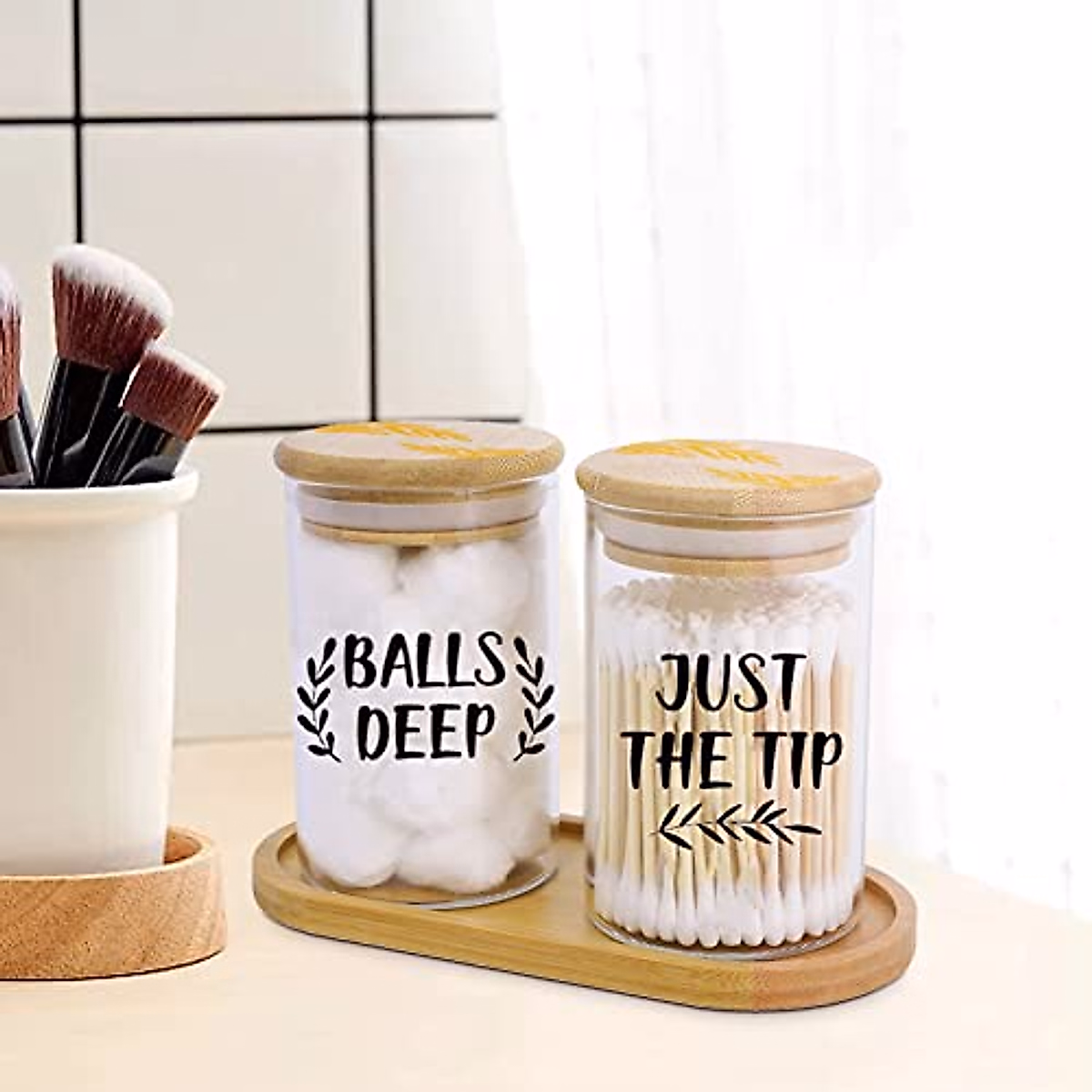 2 Pack Glass Qtip Holder Bathroom Set with Vanity Tray,Apothecary Jars with Bamboo Lids,Bathroom Cotton Ball and Qtip Organizer Storage Container Glass Jar Set