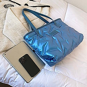 AZURAOKEY Puffer Tote Bag for Women, Quilted Cotton Padded Handbag, Women Shoulder Bags Soft Large Capacity Top-handle Bags Warm Zipper Simple Portable Lightweight for Girls Shopping-Blue
