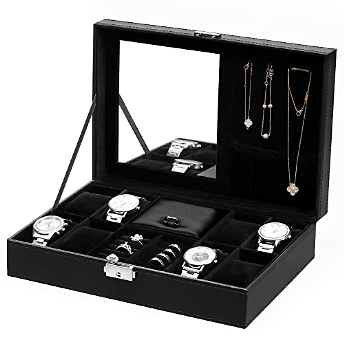 BASTUO Jewelry Box 8 Watch Display Case Organizer Jewelry Trey Storage Box PU Leather with Mirror and Lock， Black with Black Lining