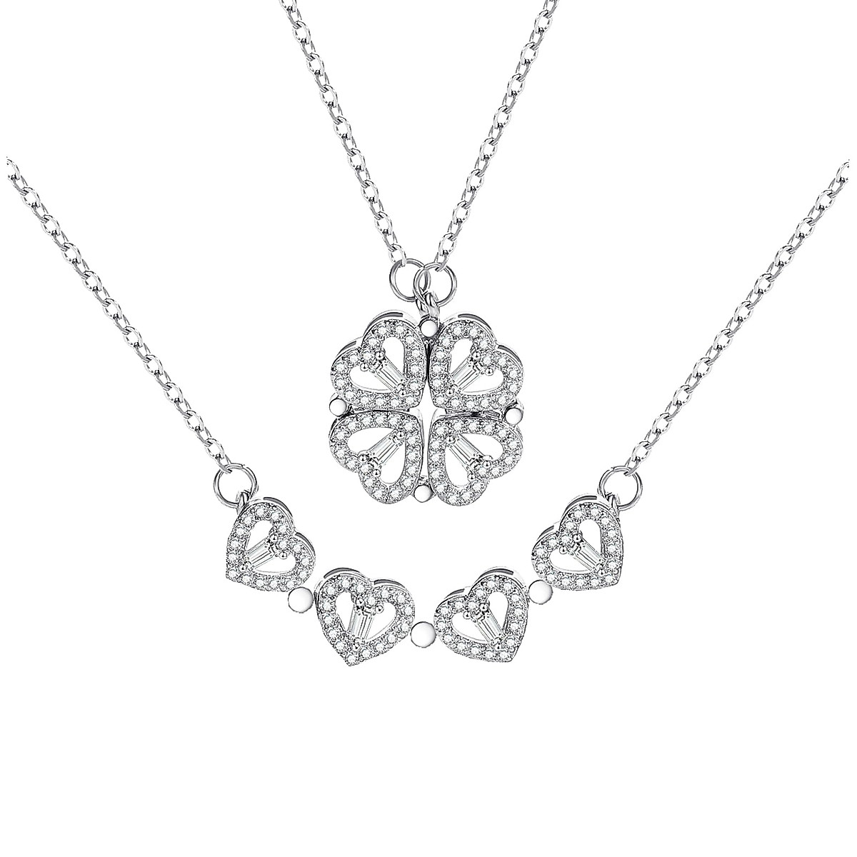 VANGETIMI 2 in 1 Four Leaf Clover Charm Lucky Necklace Heart Crystal Pendant Necklace Silver Link Mother's Day Gifts Jewelry for Women