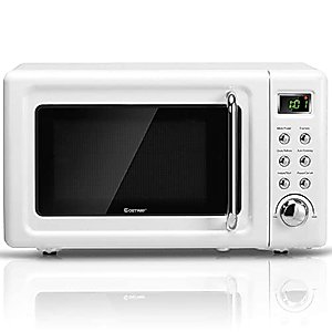 Retro Countertop Microwave Oven, Large 0.7Cu.ft, 700-Watt, Cold Rolled Steel Countertop with Time Setting, Glass Turntable Plate, Pre-Programmed Cooking Settings, LED Display, Child Lock (White)