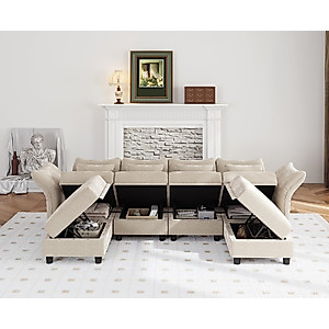 LLappuil 6 Seater Sectional Sofa U Shaped Modular Couches Deep Seated Modular Sofas for Living Room with Ottoman, Adjustable Armrest Backrest,Luxury Chenille, Khaki