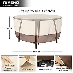 Tuyeho Round Patio Furniture Cover, Durable Oxford Fabric Outdoor Round Table Cover, Waterproof, UV & Rip Resistant Patio Table and Chairs Set Cover, 48"DIA x 26"H Beige & Brown
