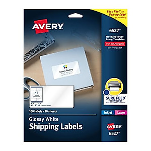 Avery Shipping Labels with Sure Feed and Easy Peel Technology, Glossy White Labels, 2" x 4", Permanent Adhesive, Laser/Inkjet, 100 Glossy Labels (6527)