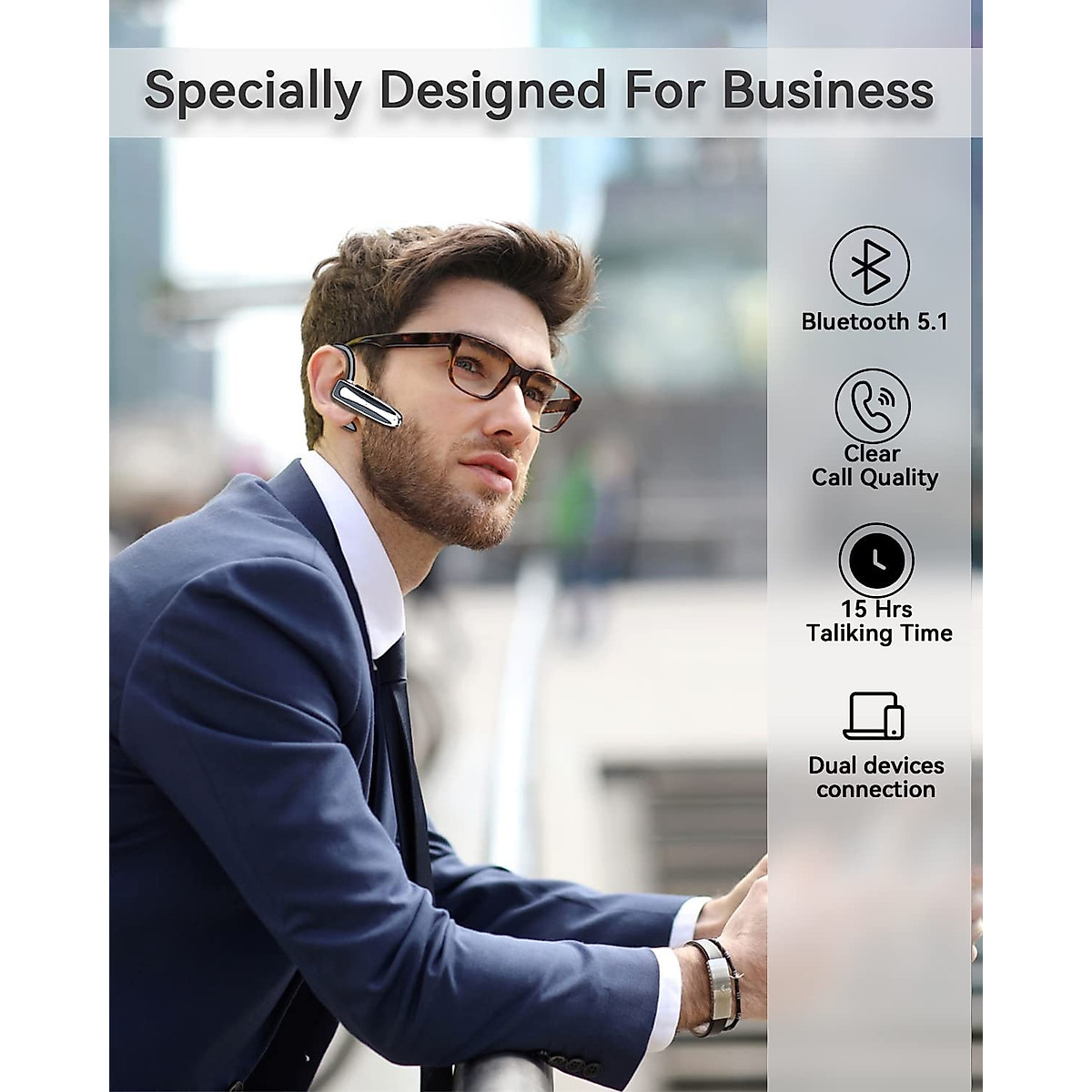 AMTERBEST Bluetooth Headset, Wireless Bluetooth 5.0 Earpiece Hands-Free Earphones with Stereo Mic,8 Hrs Play time, Compatible iPhone Android Cell Phones Driving, Business, Office