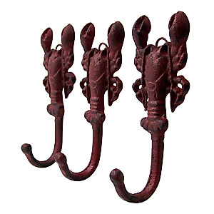 Rustic Red Cast Iron Lobster Wall Hooks, Set of 3, 5 3/4 Inch