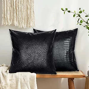 HDDahua Black Ostrich Skin Faux Leather Throw Pillow Covers, Modern Faux Leather Couch Lumbar Cushion Covers for Couch Bed Sofa 20x 20 Inches