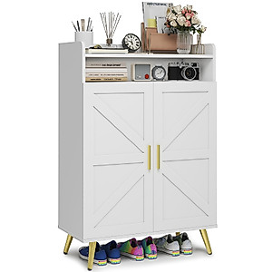 Shoe Storage Cabinet with Doors, 7-Tier Shoe Cabinet for Entryway with Sensor LED Light, Freestanding Shoes Storage Organizer with Adjustable Shelves and Open Storage for Hallway, Living Room, White