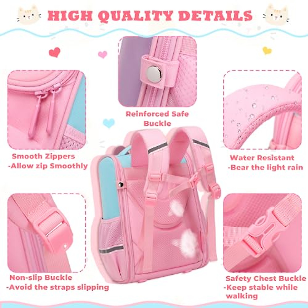 ASKSKY Kids Backpack for Girls, Kawaii Cartoon School Backpack Wide Open Bookbag for 5-10 years old with Reflective Strip, Blue Kitty