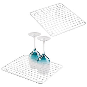 mDesign Modern Metal Wire Kitchen Sink Metal Dish Drying Rack/Mat - Steel Wire Grid Design - Allows Wine Glasses, Mugs, Bowls and Dishes to Drain in Sink - 2 Pack - White