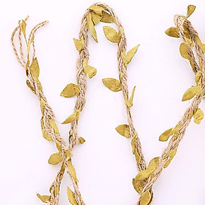 YuCool 3 Rolls 98 Feet 5MM Gold Burlap Leaf Ribbon, with Artificial Green Leaves Braided Decorated Vine for Jungle Party Wedding Garden Home Decor