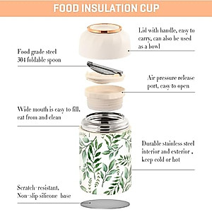Watercolor Green Leafs Kids Womens Insulated Food Jar Containers with Spoon 17oz/500ml Insulated Lunch Containers Stainless Steel Vacuum Food Warmer Storage Containers for Hot/Cold Food
