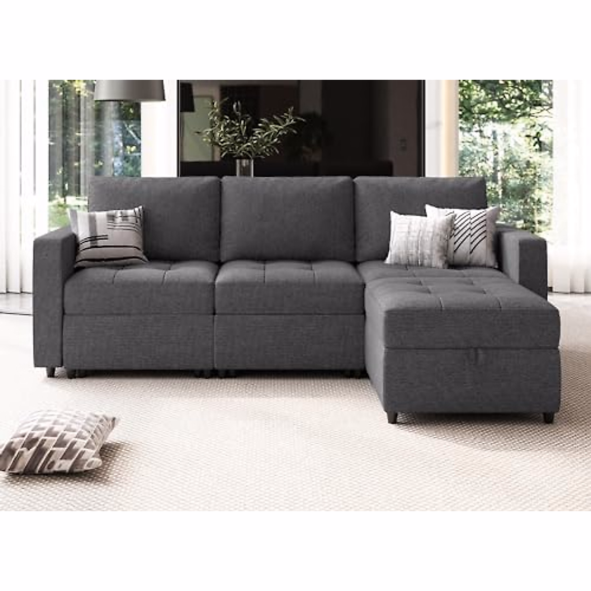 Belffin Modular Sectional Sofa Couch Set with Ottoman Morden Fabric Convertible Pull Out Couch with Reversible Chaise and Storage Drawers 3-Seat Sofa Sectionals L Shape Couch for Apartment Black Grey