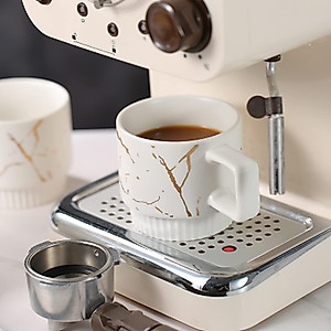 LURRIER Porcelain Large Stackable Coffee Mug Set with Rack and Wooden Base,Marble Pattern Hand-crafted Coffee Cup Set,10 Oz for Coffee,Tea,Cocoa,Milk,Set of 4 (Classic White)