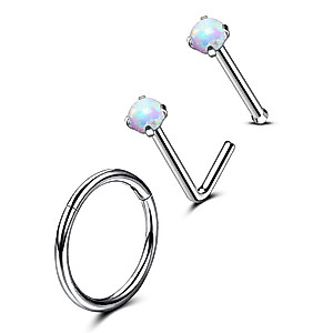 COCHARM 3pcs G23 Titanium Nose Stud Set 20g White Opal Nose Stud Ring Surgical Steel Nose Bone 20 Gauge Opal Nose Piercing Nose Hoop Corkscrew Nose Jewelry