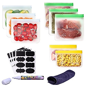 Aski Pro 8 Count Reusable Silicone Sandwich and Snack Bags with Bonus Towel, Pen and Labels-Leakproof, Washable and Eco-Friendly with Dual Ziplock Tops- Available in 3 Different Sizes