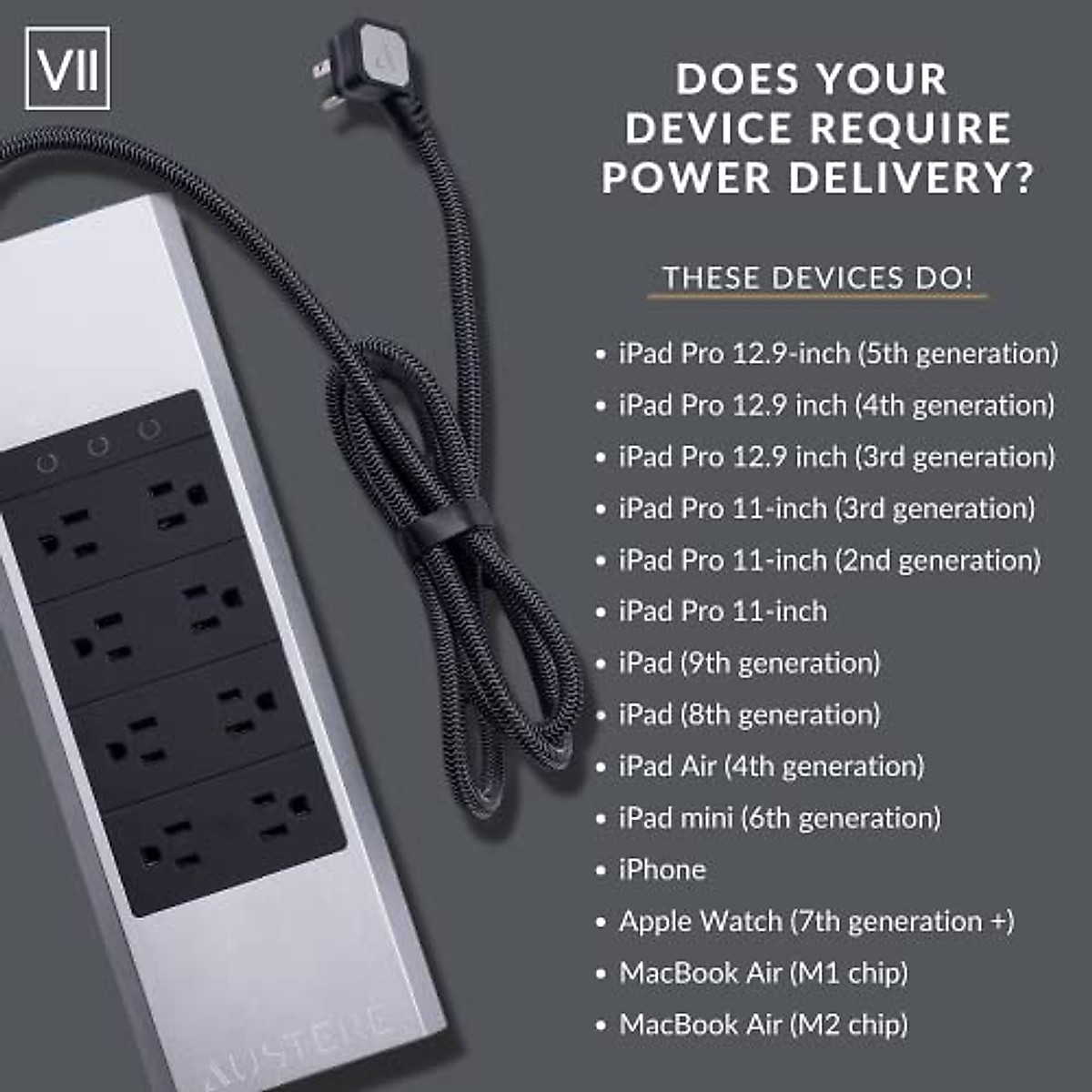 Austere VII Series Surge Protector Power Strip, 8 Wide Outlets, 3 USB C and 2 USB A 2.4 amp Ports, 45W Power Delivery | 4000 Joules Heavy Duty, EMI/RFI Filtering, 7 Year Component Guarantee