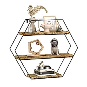 TFER Floating Shelves Wall Mounted Hanging Shelf Hexagon Rustic Farmhouse Shelves for Wall Decor,Storage | Metal Bracket and Reclaimed Natural Wood Shelf for Living Room,Bedroom,Bathroom,Kitchen