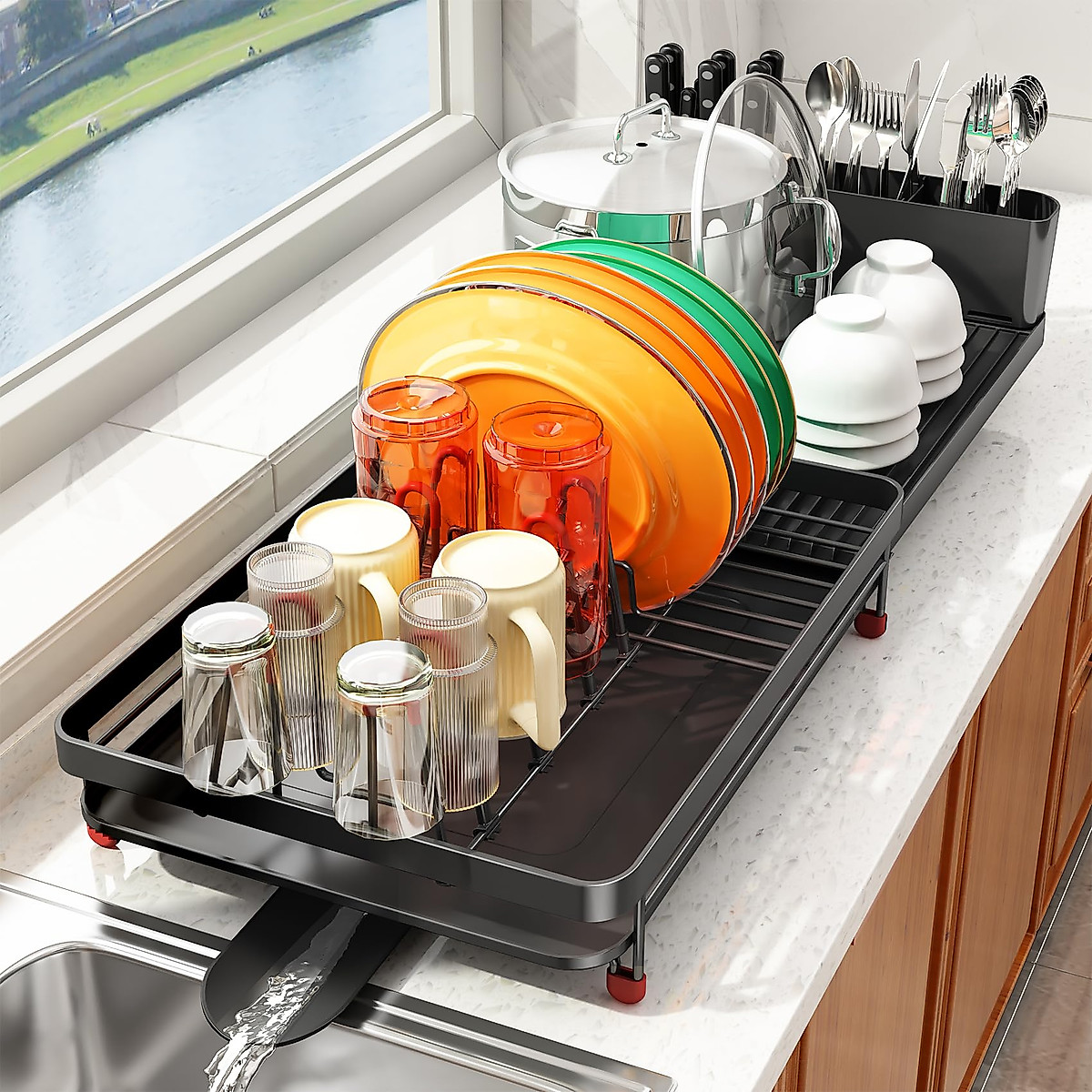 Dish Drying Rack, Auto-Drain Expandable(19.1"-26.9") Kitchen Counter Dish Drainers Rack, Stainless Steel Large Strainers Drying Rack with Drainboard Pan Holder Utensil Holder Caddy Organizer, Black