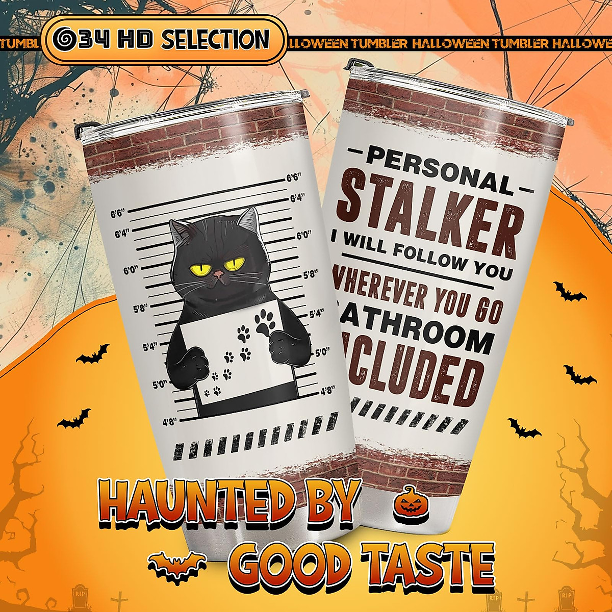 34HD Funny Black Cat Tumbler with Lid, 20 oz Stainless Steel Vacuum Insulated Personal Stalker Coffee Mug, Horror Cup, Cat Lover Gifts for Women Men Birthday Halloween Christmas