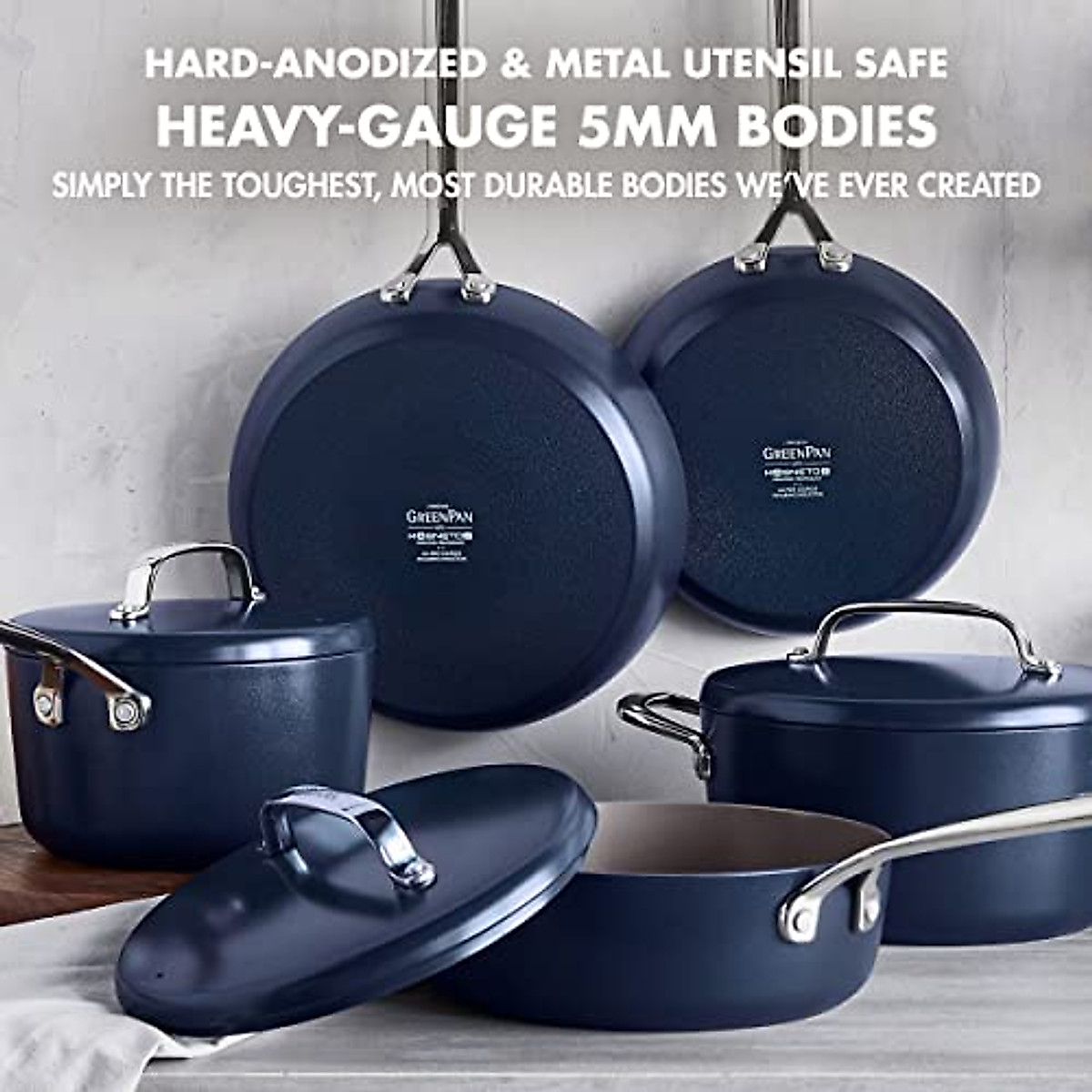 GreenPan GP5 Hard Anodized Healthy Ceramic Nonstick 14 Piece Cookware Pots and Pans Set,Heavy Gauge Scratch Resistant,Stay-Flat Surface, Induction, Mirror Finish Handle,Oven Safe,PFAS-Free, Blue