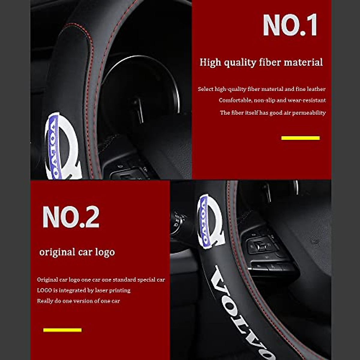 NEEARI The Leather Steering Wheel Sleeve is Suitable for Volvo S60 V60 S90 V90 XC40 XC60 XC90 (Black red), (WVWFXT)