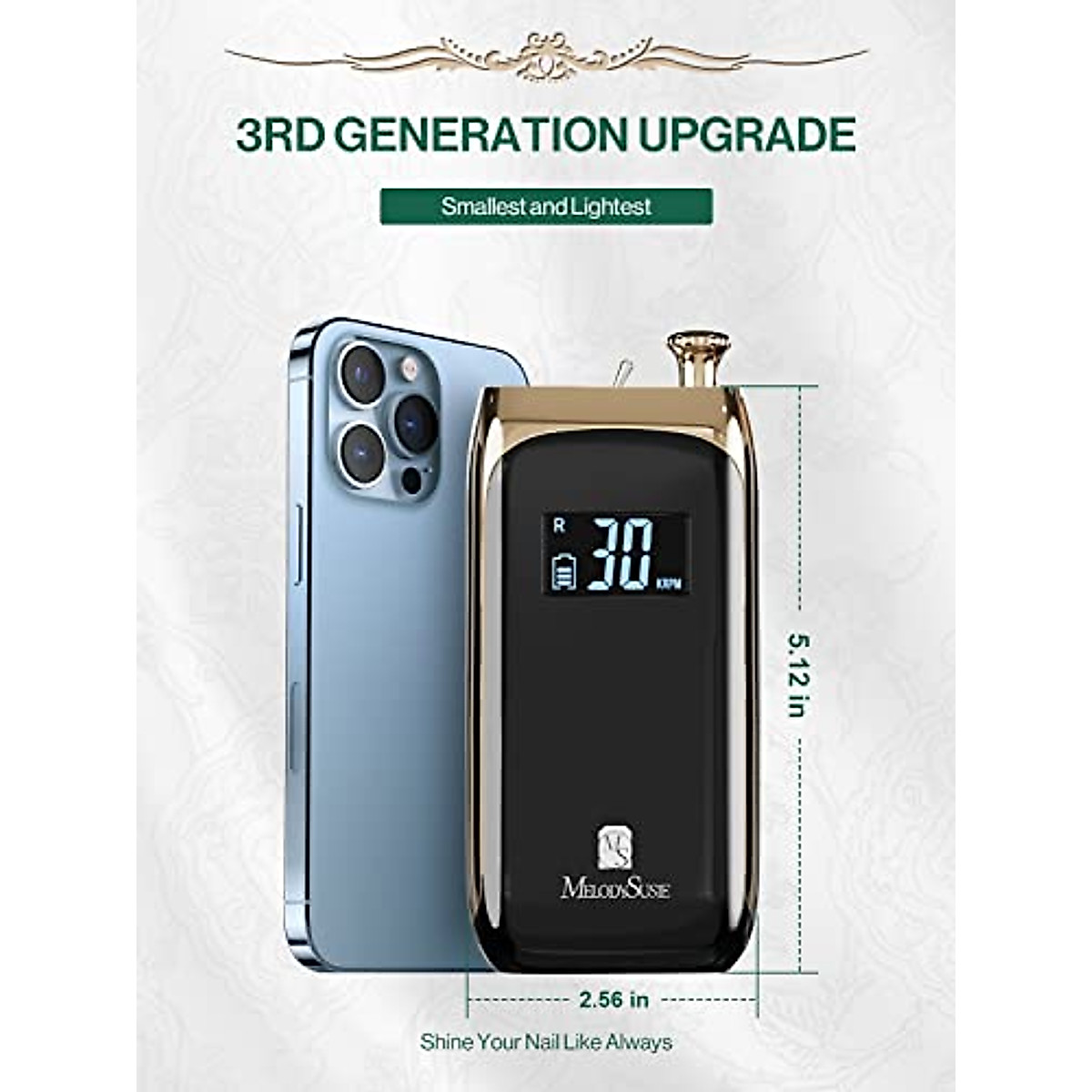 MelodySusie Electric Nail Drill Machine, Rechargeable 30000RPM Efile for Acrylic Nail, Portable Nail File with 6 Nail Drill Bit Set, SR3 Jade (Black)