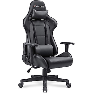 Homall Gaming Chair, Office Chair High Back Computer Chair Leather Desk Chair Racing Executive Ergonomic Adjustable Swivel Task Chair with Headrest and Lumbar Support (Dark Black)
