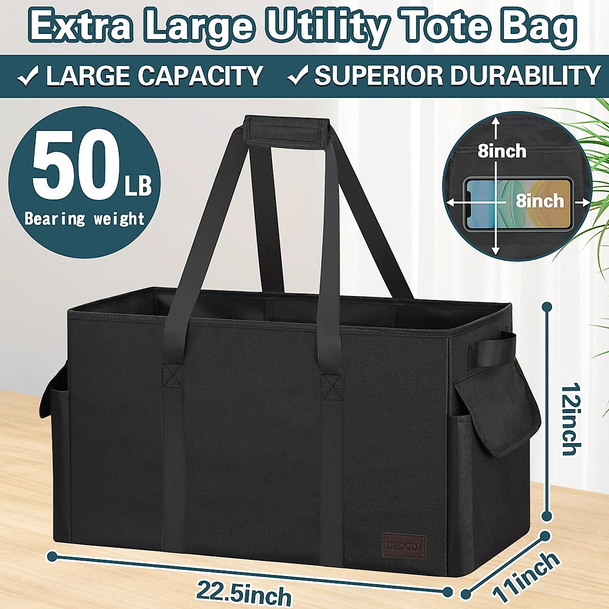 DSDCDJ Sturdy Extra Large Utility Tote Bag with 3 Pockets, Standing Utility Tote Bag with Hard Bottom Board and All Sides Rinforced, Foldable Large Tote Bag with Handles, Beach Bag, Car Tote