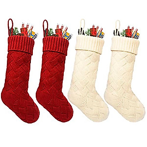 ROSFORU Knit Christmas Stockings, 4 Pack Large Size Candy Gift Bag Personalized Decoration Weave Xmas Socks, Classic Style（2Pcs Ivory White+ 2Pcs Burgundy）