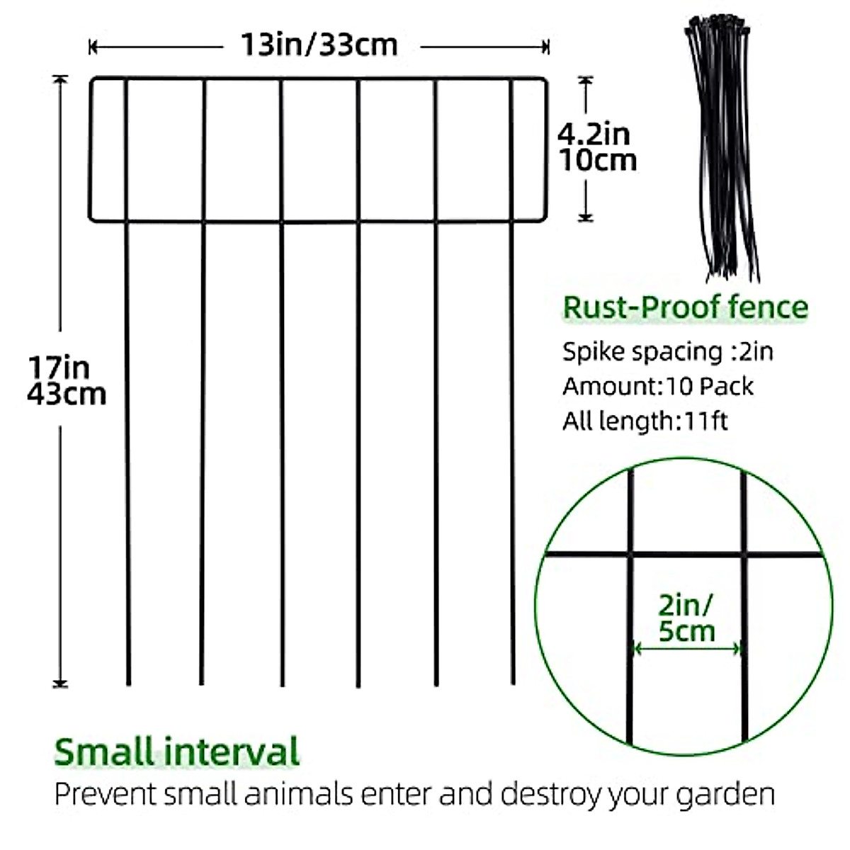10 Pack Animal Barrier Fence,17 Inch(H) X 10 Ft(L) No Dig Fencing Decorative Garden Fence, Rustproof Metal Wire Garden Fence Border, Dog Rabbits Ground Stakes Defence for Outdoor Landscaped Yard.