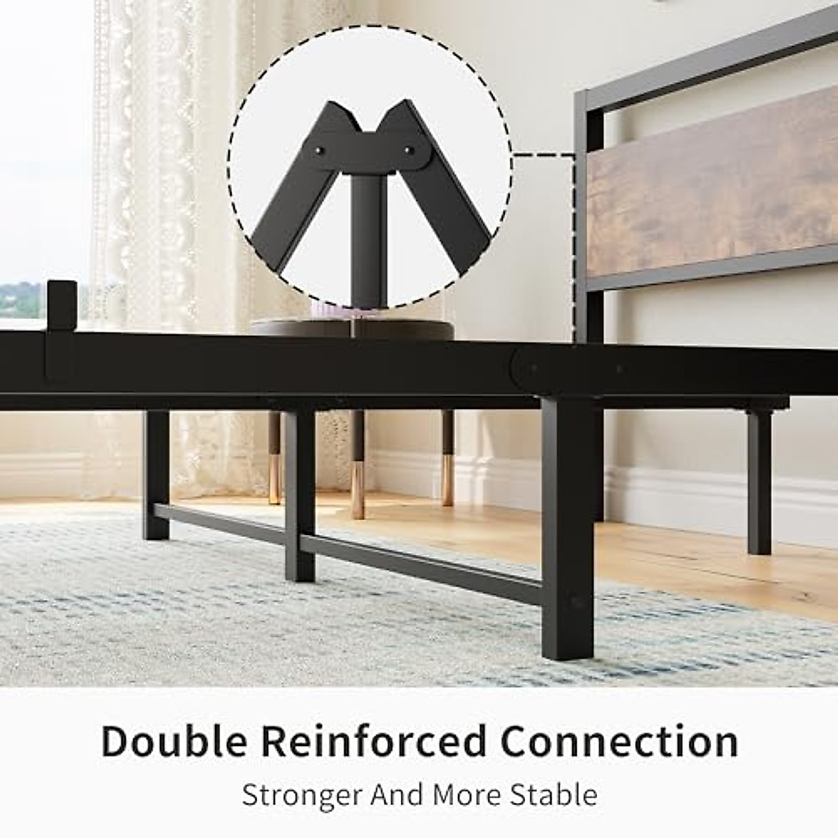 FOUBAM Full Bed Frame with Wood Headboard,Heavy Duty Platform Bed Frames with Storage No Box Spring Needed,Reinforced Steel Square Pipe Mattress Foundation Noise Free,Black and Rustic Brown