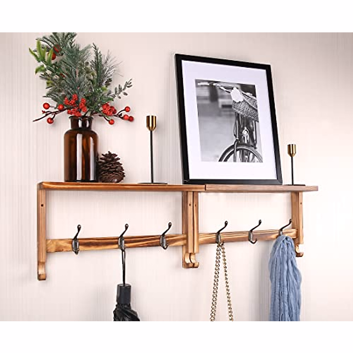 MRPAPA Wall Coat Rack Shelf with Alloy Hooks - 32” Wall Mounted Coat Rack Wood Key Holder for Wall, 32”*4.5” Entry Ways Wall Hanging Shelf with Hooks for Coats,Keys,Hats (Wooden)