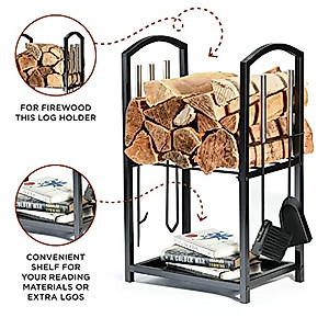 Home-it Firewood Rack - 2-Tier Outdoor Firewood Holder - 4 Hanging Hooks For Fireplace Tools Set, Poker, Tongs - Waterproof, Rust-Proof Steel Pipe Log Holder with Black Powder Coat Finish - 17x12x29