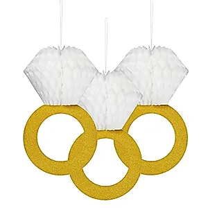 Glitter Gold Honeycomb Diamond Ring Hanging Decorations (3 Pieces) Bachelorette Party Engagement Party Bridal Shower Wedding Anniversary Supplies