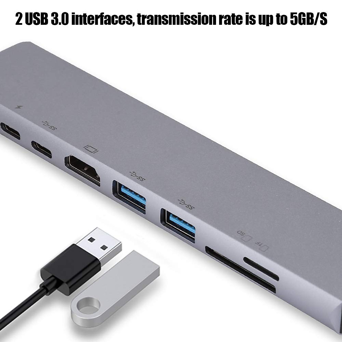 8 in 1 HUB, USB3.0 HDMI HUB Multiport Adapter, Plug-and-Play Memory Card Reader for Laptop with Aluminum Alloy Case.