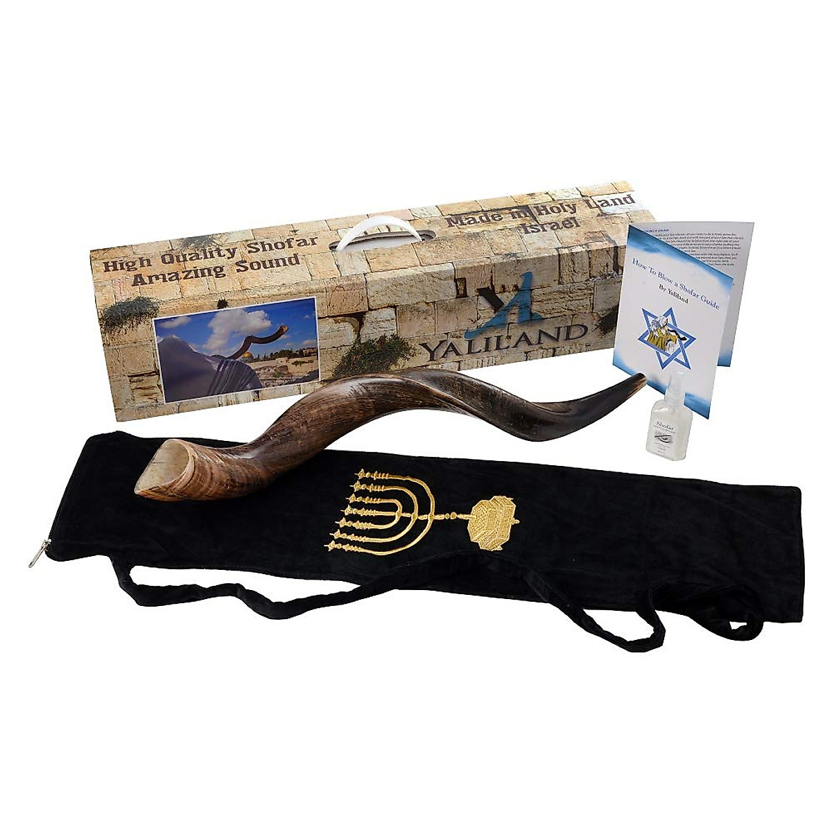 SHOFAR Set FULL Natural Kudu Horn Yemenite + Bag + Guide + Carrying Box Case (26"-28") Ship from Israel