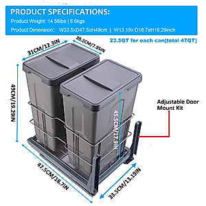 HANKEY Pull Out Trash Can Under Cabinet, Double Cabinet Trash Can Pull Out Kit, Trash Can Cabinet Pull Out Garbage Can for Kitchen Cabinet Soft Close with Lid,13.19inch Width,Total 47Qt