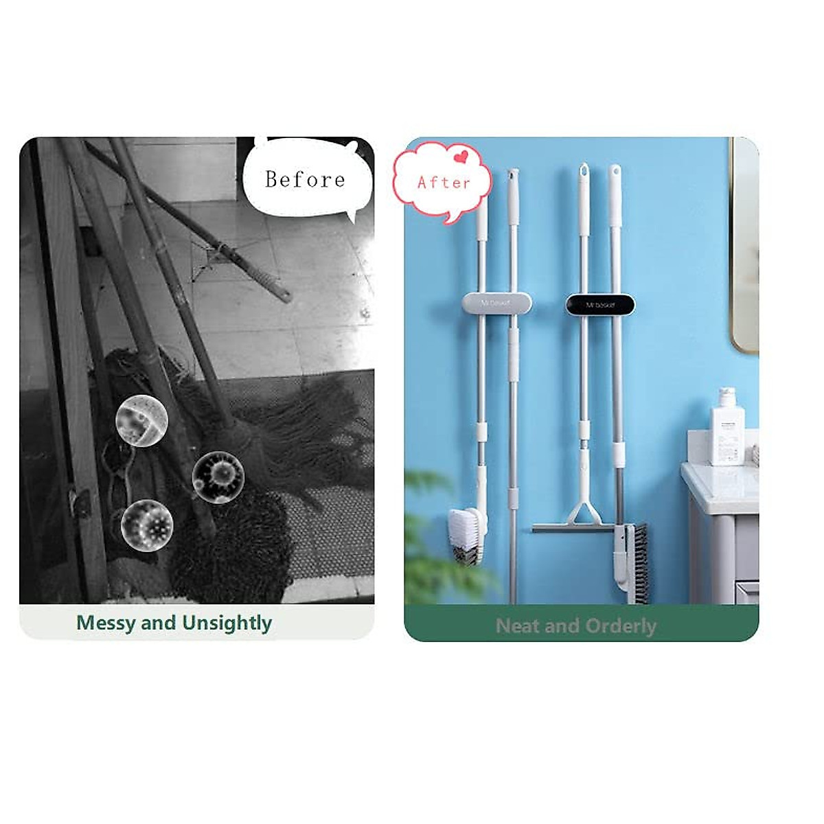 Mop and Broom Holder,Broom and Dustpan Hanger Holder Wall Mount Waterproof Heavy Duty Self Adhesive Gripper No-Drilling,Space Saver Tool Organizers For Kitchen,Garage,Bathroom,Laundry Room(White)