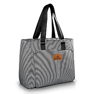HSHRISH Insulated Lunch Bags for Women, Large Leakproof Tote Bag with 2 Pockets, Durable Reusable Grocery Bags for Work Shopping Outdoor Picnic, 14L(Black/White Stripes)