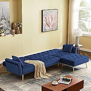 ERYE L-Shaped Corner Tufted Velvet Upholstered Sectional Sofa & Couch Convertible Sleeper Couch Bed with Reversible Chaise Lounge and Movable Ottoman for Home Office Apartment Living Room Sets