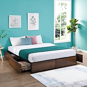 Prohon Queen Size Bed Frame with 4 Extra Large Storage Drawers on Wheels, Strong Steel Slat Support, Space-Saving Metal Platform Bed, Bedframe for Adults, Teens & Kids, No Box Spring Needed, Brown