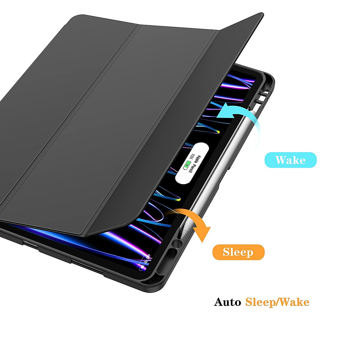 Supveco New iPad Pro 12.9 Inch Case 2022/2021 (6th/5th Gen) with Pencil Holder [Support iPad 2nd Gen Pencil Charging/Pair],Trifold Stand Smart Case with Soft TPU Back,Auto Wake/Sleep-(Black)