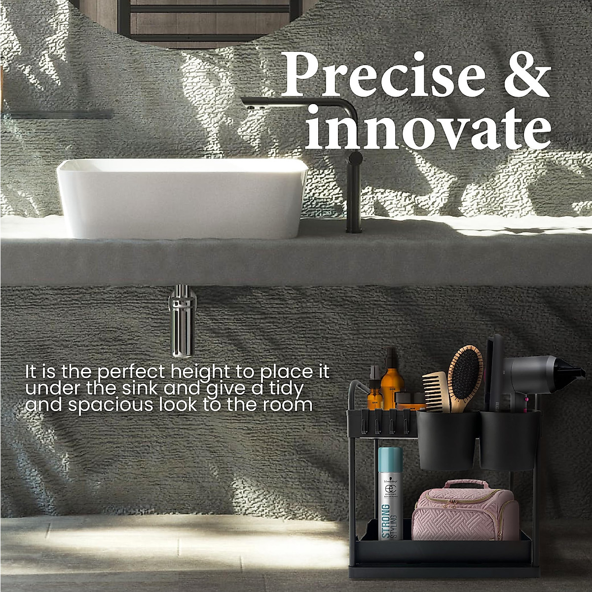 Hair Organizer , Hair Tools Organizer ABS Plastic with 2 Levels to Organize , Sliding Basket for Easy Access , Organizer for Straightener , Blow Dryer , Curler , Hair Care and Styling Tool Storage