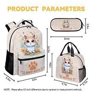 BEOIIBIRD Cat Backpack with Lunch Box Set for Girls, 3 in 1 School Backpacks Matching Combo, Cute Orange Bookbags and Pencil Case Bundle