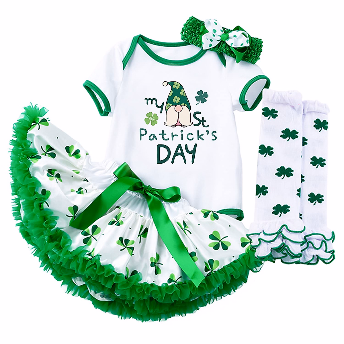 AGQT Baby Girls 1st St.Patricks Day Outft Set Short Sleeve 4Pcs Green Shamrock Outfit Set Headband+Skirt+Outfit+Leg Warmer Size 6-12 Months(73)